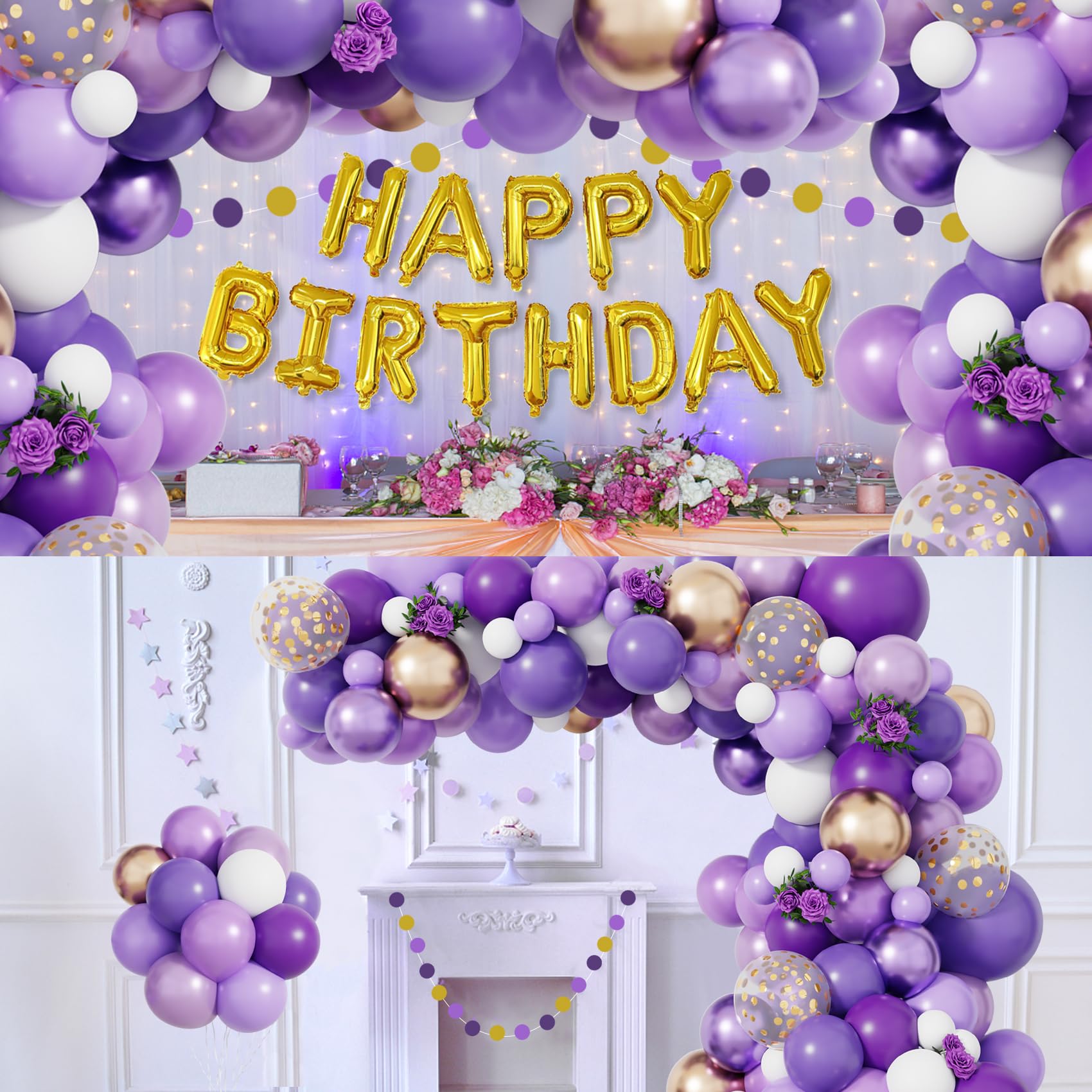 131Pcs Purple Gold Birthday Decorations Purple Balloons Garland Arch Kit Women Purple and Gold Confetti Latex Balloons Happy Birthday Foil Balloons Banner Circle Dots Garland Birthday Party Supplies