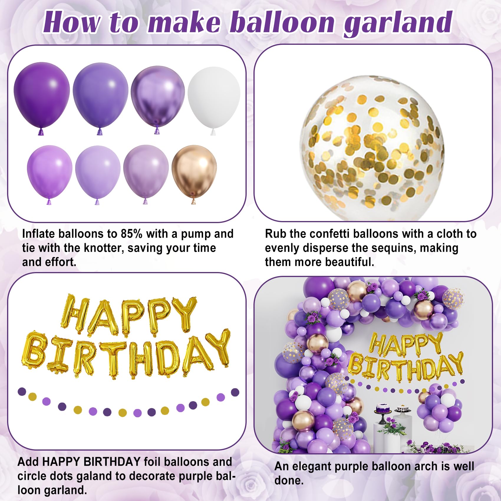 131Pcs Purple Gold Birthday Decorations Purple Balloons Garland Arch Kit Women Purple and Gold Confetti Latex Balloons Happy Birthday Foil Balloons Banner Circle Dots Garland Birthday Party Supplies