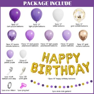 131Pcs Purple Gold Birthday Decorations Purple Balloons Garland Arch Kit Women Purple and Gold Confetti Latex Balloons Happy Birthday Foil Balloons Banner Circle Dots Garland Birthday Party Supplies