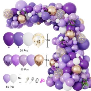 131Pcs Purple Gold Birthday Decorations Purple Balloons Garland Arch Kit Women Purple and Gold Confetti Latex Balloons Happy Birthday Foil Balloons Banner Circle Dots Garland Birthday Party Supplies