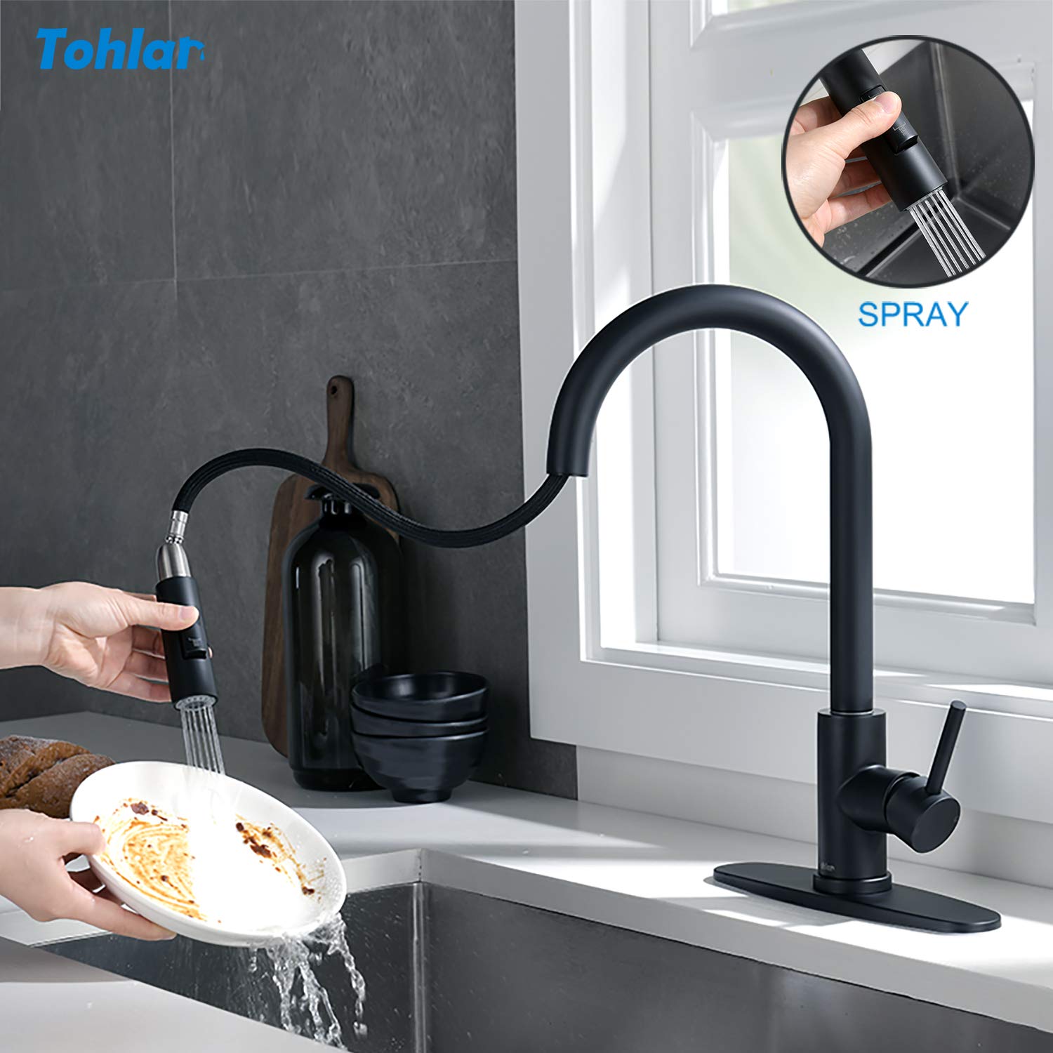 Tohlar Black Kitchen Faucets with Pull-Down Sprayer Single Handle Kitchen Faucet, Modern Stainless Steel Kitchen Sink Faucet with Deck Plate