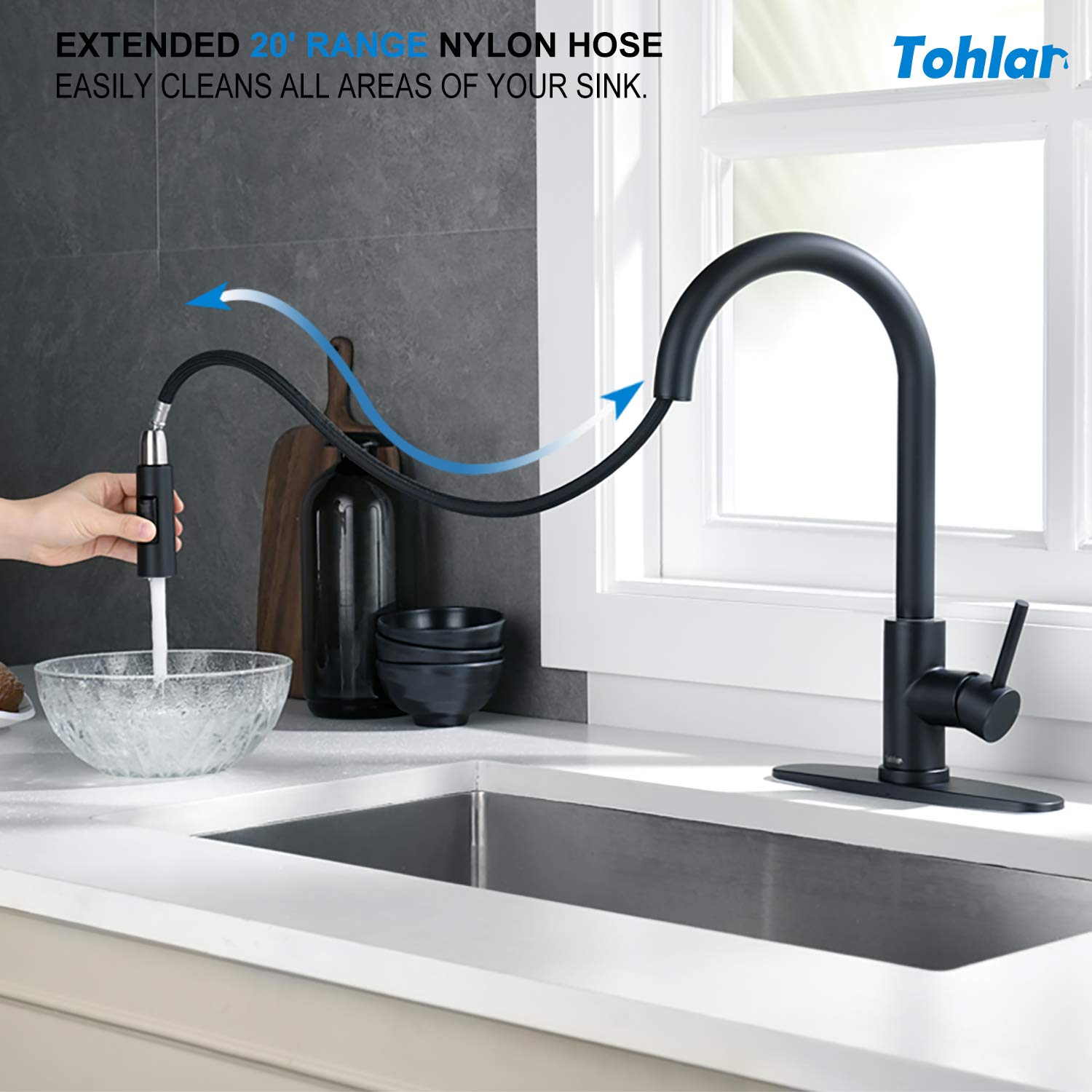 Tohlar Black Kitchen Faucets with Pull-Down Sprayer Single Handle Kitchen Faucet, Modern Stainless Steel Kitchen Sink Faucet with Deck Plate