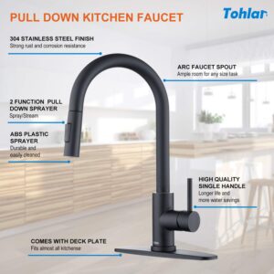 Tohlar Black Kitchen Faucets with Pull-Down Sprayer Single Handle Kitchen Faucet, Modern Stainless Steel Kitchen Sink Faucet with Deck Plate