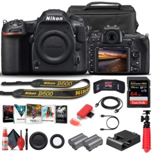 nikon d500 dslr camera (body only) (1559) + 64gb memory card + case + corel photo software + en-el 15 battery + card reader + hdmi cable + deluxe cleaning set + flex tripod + memory wallet (renewed)