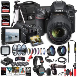 nikon d7500 dslr camera with 18-140mm lens (1582) + 4k monitor + pro headphones + pro mic + 2 x 64gb memory card + case + corel photo software + pro tripod + 3 x en-el 15 battery + more (renewed)