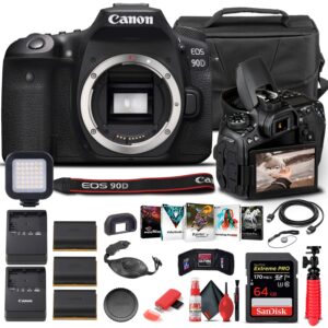 canon eos 90d dslr camera (body only) (3616c002) + 64gb memory card + case + corel photo software + 2 x lpe6 battery + external charger + card reader + led light + hdmi cable + more (renewed)