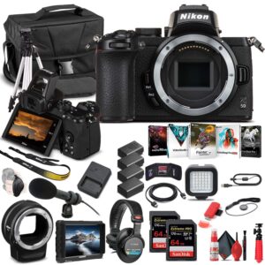 nikon z 50 mirrorless camera (body only) (1634) + 4k monitor + ftz mount adapter + headphones + mic + 3 x enel25 battery + 2 x 64gb cards + case + corel software + more (international model) (renewed)