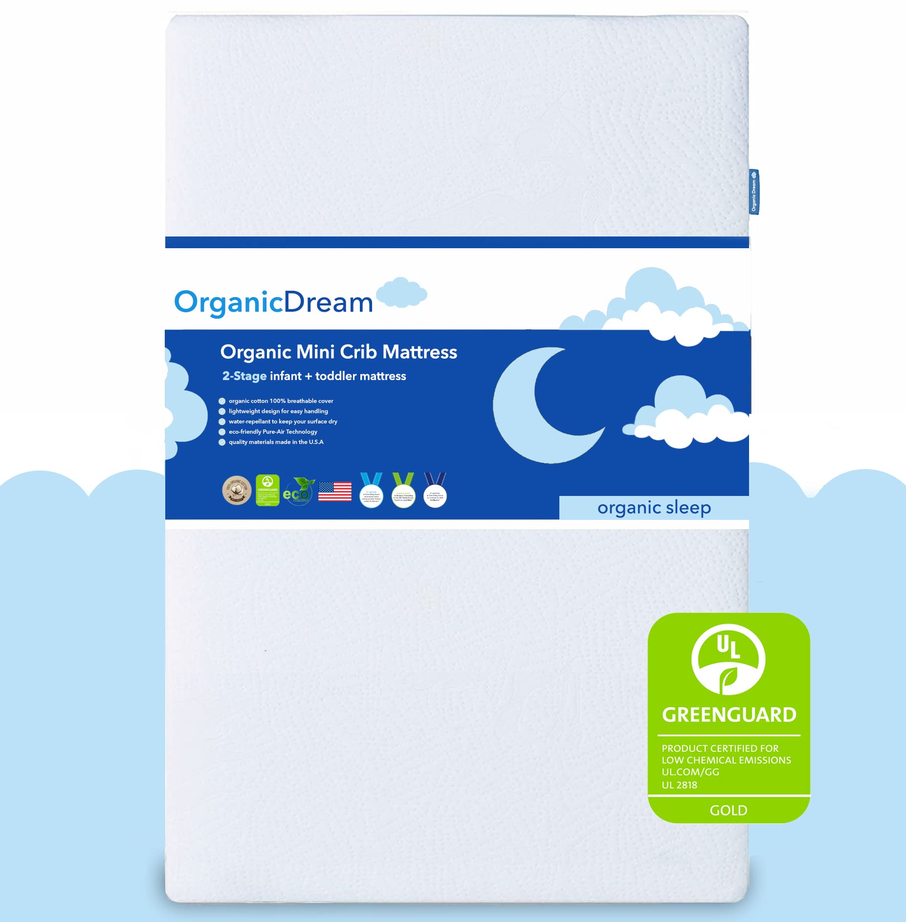 Organic Dream 5" Mini Crib Mattress - 100% Breathable Proven to Reduce Suffocation Risk - GREENGUARD I 2-Stage I Washable I Extra Firm Infant Side and Plush Toddler (38x24x5) - Deluxe 5" Thick