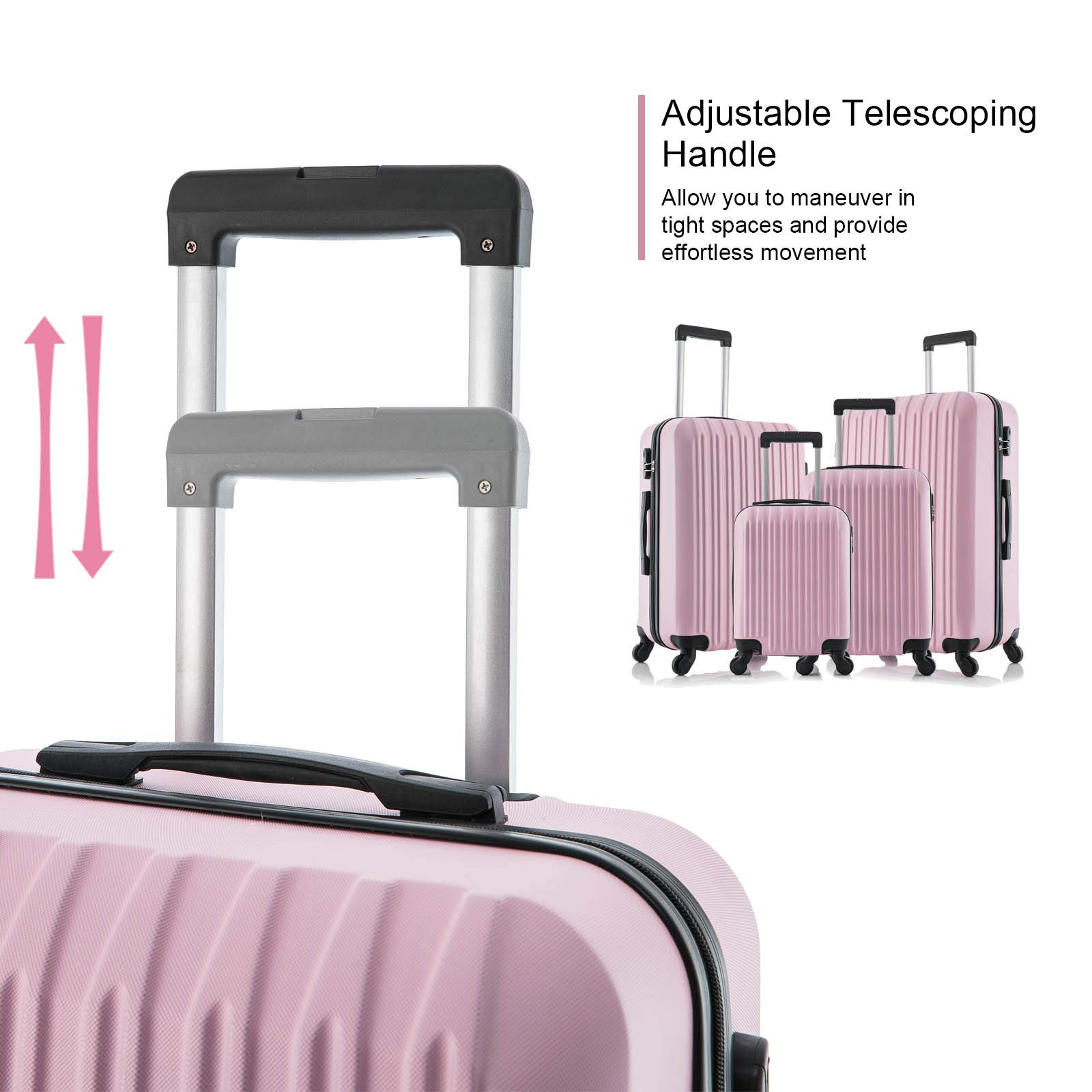 Apelila 4 Piece Luggage sets with Spinner Wheels Travel Suitcase Hard-shell Lightweight 16" 20" 24" 28" (Light Pink)