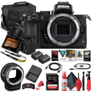 nikon z 50 mirrorless digital camera (body only) (1634) + ftz mount adapter + en-el25 battery + 64gb card + case + corel software + hdmi cable + cleaning set + more (international model) (renewed)