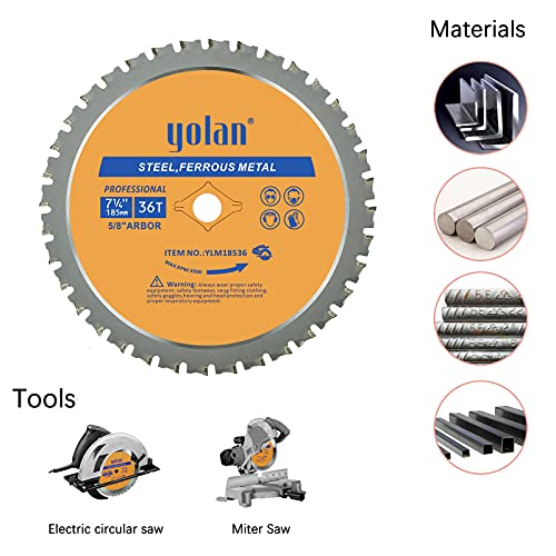 Yolan 7 1/4” Metal Cutting Circular Saw Blade, 7-1/4-Inch 180 Blade,36-Tooth,Carbide Tipped, 5/8-Inch Arbor, Diamond Knockout Arbor for TCT Miter Saw Blade, Cutting Metal & Steel,Ferrous Metal