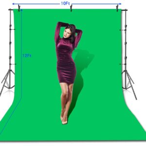 SLOW DOLPHIN Photo Video Studio 10 x12ft 100% Cotton Muslin Chromakey Green Screen Backdrop with 10 x 10ft Stand Photography Background Support System Kit Clamp, Carry Bag