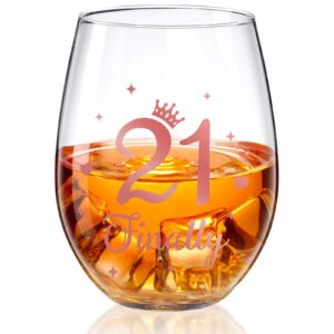 stemless wine glass rose gold birthday wine glass present anniversary glasses for man women birthday party wedding anniversary decorations, 17 oz (21 and fabulous)