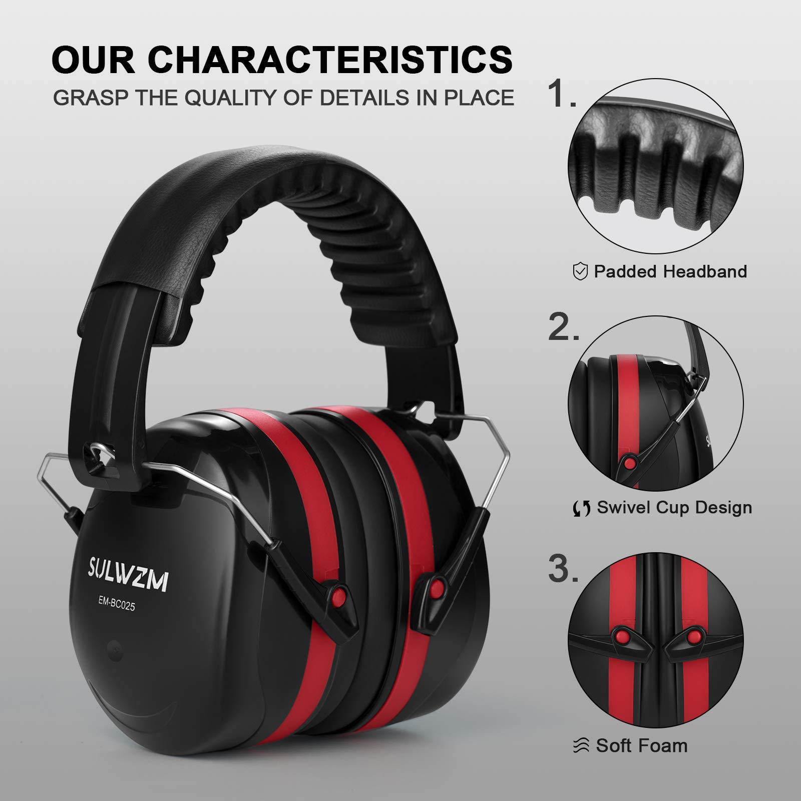 SULWZM Hearing Protection Ear Muffs,NRR 28db Noise Cancelling for Shooting, Mowing, Construction,Red