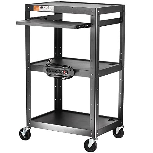 Steel AV Cart on Wheels - Rolling Projector Cart with Height Adjustable Shelf, Pullout Keyboard Tray, Power Strip, and Cord Management - Holds 300 lbs and Easy to Assemble (24'' x 18'' x 41'')