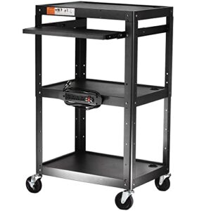 Steel AV Cart on Wheels - Rolling Projector Cart with Height Adjustable Shelf, Pullout Keyboard Tray, Power Strip, and Cord Management - Holds 300 lbs and Easy to Assemble (24'' x 18'' x 41'')