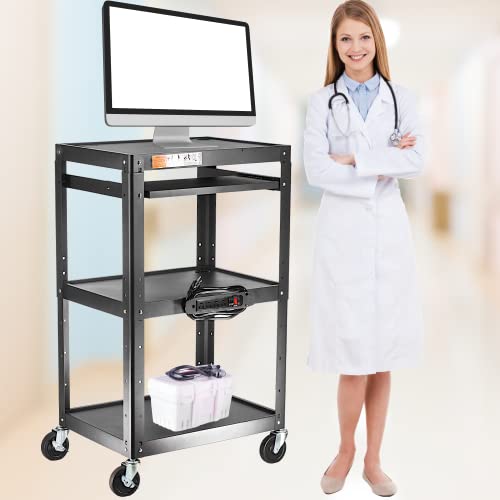 Steel AV Cart on Wheels - Rolling Projector Cart with Height Adjustable Shelf, Pullout Keyboard Tray, Power Strip, and Cord Management - Holds 300 lbs and Easy to Assemble (24'' x 18'' x 41'')