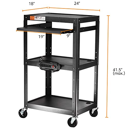 Steel AV Cart on Wheels - Rolling Projector Cart with Height Adjustable Shelf, Pullout Keyboard Tray, Power Strip, and Cord Management - Holds 300 lbs and Easy to Assemble (24'' x 18'' x 41'')