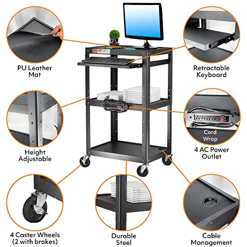 Steel AV Cart on Wheels - Rolling Projector Cart with Height Adjustable Shelf, Pullout Keyboard Tray, Power Strip, and Cord Management - Holds 300 lbs and Easy to Assemble (24'' x 18'' x 41'')