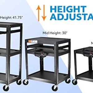 Steel AV Cart on Wheels - Rolling Projector Cart with Height Adjustable Shelf, Pullout Keyboard Tray, Power Strip, and Cord Management - Holds 300 lbs and Easy to Assemble (24'' x 18'' x 41'')