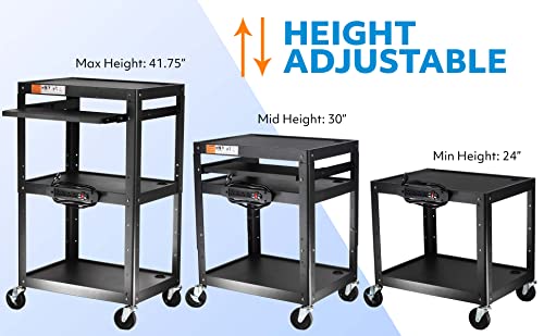 Steel AV Cart on Wheels - Rolling Projector Cart with Height Adjustable Shelf, Pullout Keyboard Tray, Power Strip, and Cord Management - Holds 300 lbs and Easy to Assemble (24'' x 18'' x 41'')