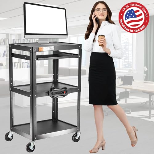 Steel AV Cart on Wheels - Rolling Projector Cart with Height Adjustable Shelf, Pullout Keyboard Tray, Power Strip, and Cord Management - Holds 300 lbs and Easy to Assemble (24'' x 18'' x 41'')