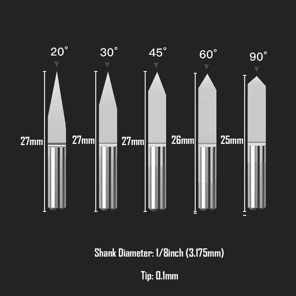 10pcs CNC Router V Bits, 1/8" Shank V Groove Router Bit for PCB MDF Hard Wood Aluminum Copper| 20/30/45/60/90 Degrees, 0.1mm Tip