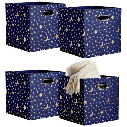 Okuna Outpost 4 Pack Star Storage Cubes, Collapsible Foldable Fabric Organizer Baskets for Clothes, Toys, Gold Moons and Stars (11 In)