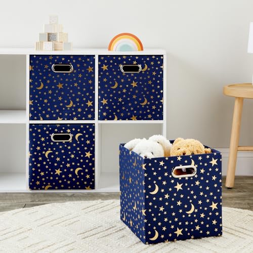 Okuna Outpost 4 Pack Star Storage Cubes, Collapsible Foldable Fabric Organizer Baskets for Clothes, Toys, Gold Moons and Stars (11 In)