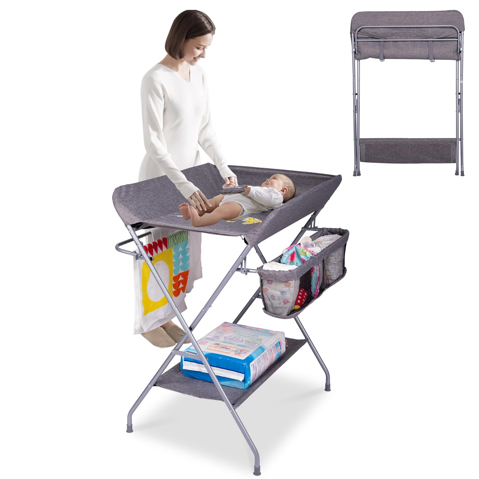 Portable Changing Table, Changing Station with Safety Belt for Newborn Baby and Infant, Gray