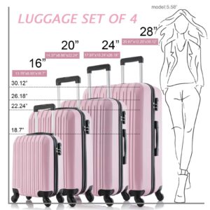 Fridtrip 4 Piece Luggage Sets Hard Shell Lightweight ABS Luggage Suitcase with Durable Spinner Wheels 16" 20" 24" 28" (Pink)