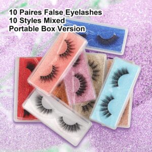 False Eyelashes Wispy 18mm Natural 3D Faux Mink Lashes Pack 10 Pairs 10 Styles Mixed Soft Reusable Fake Eyelashes Bulk with Glitter Portable Boxes