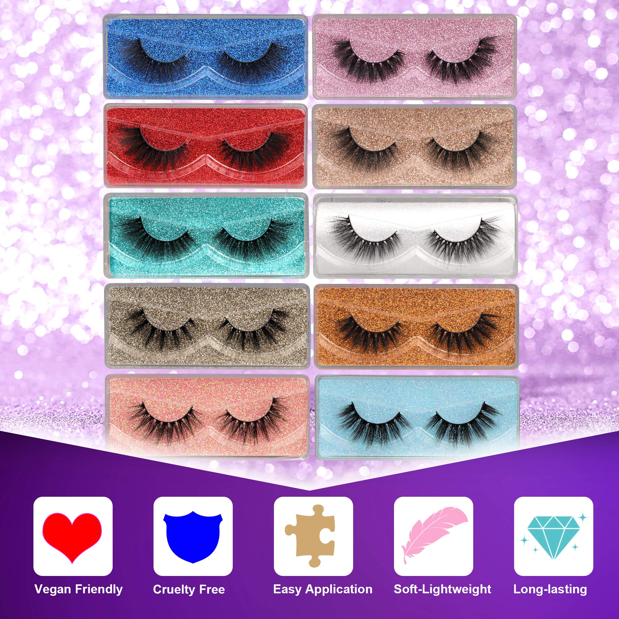 False Eyelashes Wispy 18mm Natural 3D Faux Mink Lashes Pack 10 Pairs 10 Styles Mixed Soft Reusable Fake Eyelashes Bulk with Glitter Portable Boxes