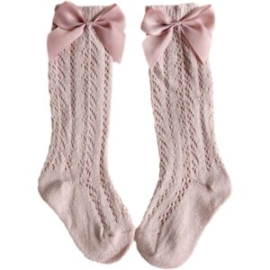 ayiyo baby girl knee-high socks toddlers bow stockings newborn infant princess frilly socks (pink, 0-12 months)