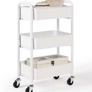 SunnyPoint 3-Tier Delicate Compact Rolling Metal Storage Organizer - Mobile Utility Cart Kitchen/Under Desk Cart with Caster Wheels (WHT, Compact (15.5" X 26.8" X 10.27"))