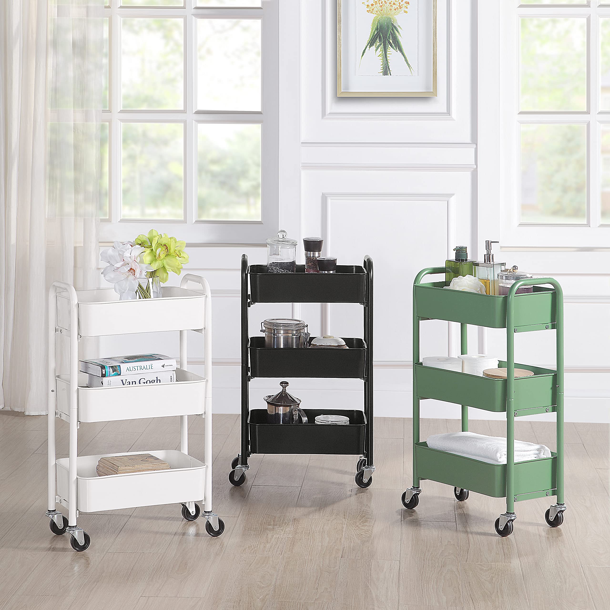 SunnyPoint 3-Tier Delicate Compact Rolling Metal Storage Organizer - Mobile Utility Cart Kitchen/Under Desk Cart with Caster Wheels (WHT, Compact (15.5" X 26.8" X 10.27"))