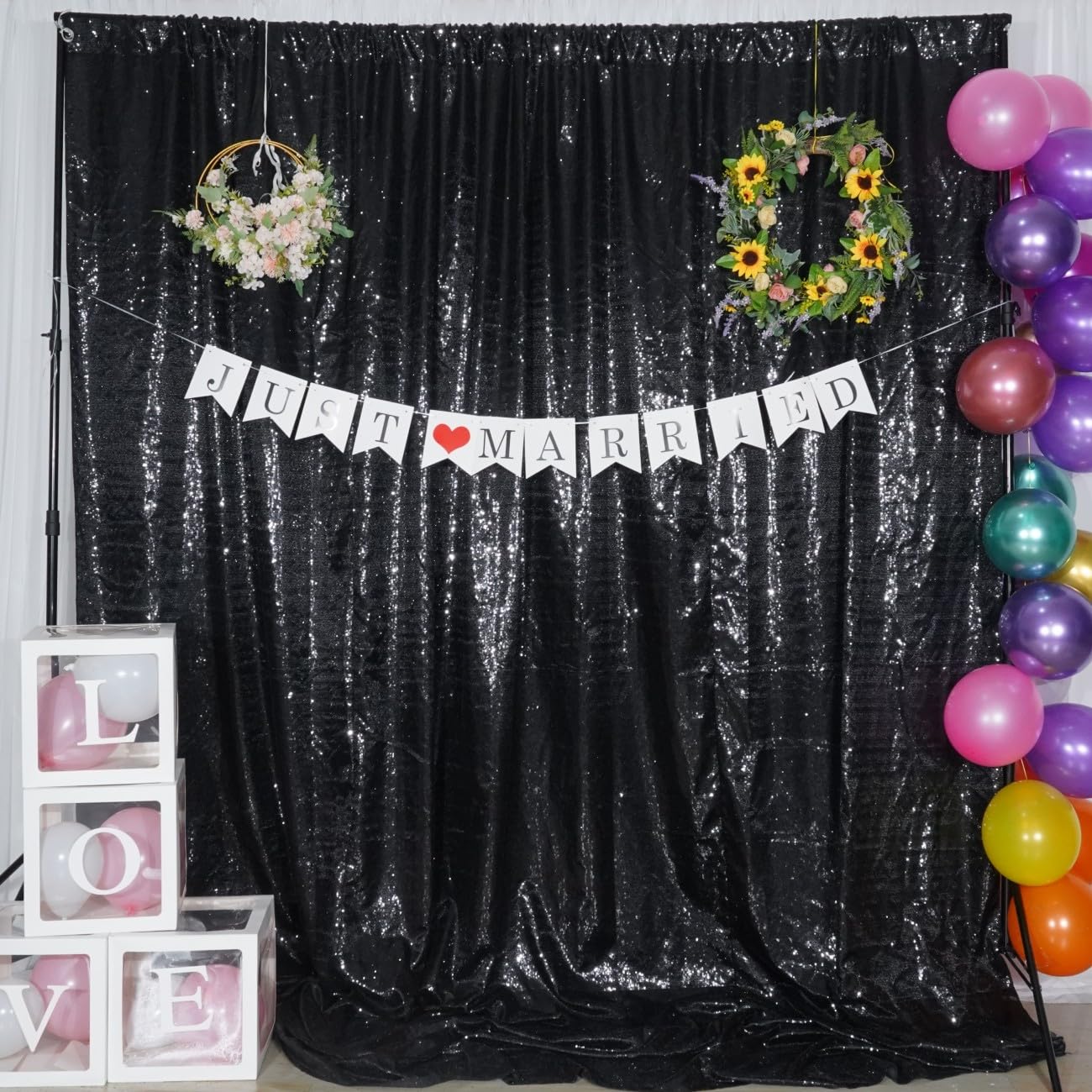 Poise3EHome 6Ft x 8Ft Black Sequin Backdrop, Glitter Thick Satin Background Drapes, Sparkly Opaque Photography Curtain, Sequence Xmas Thanksgiving Backdrop for Wedding Party Holiday Festival Decor