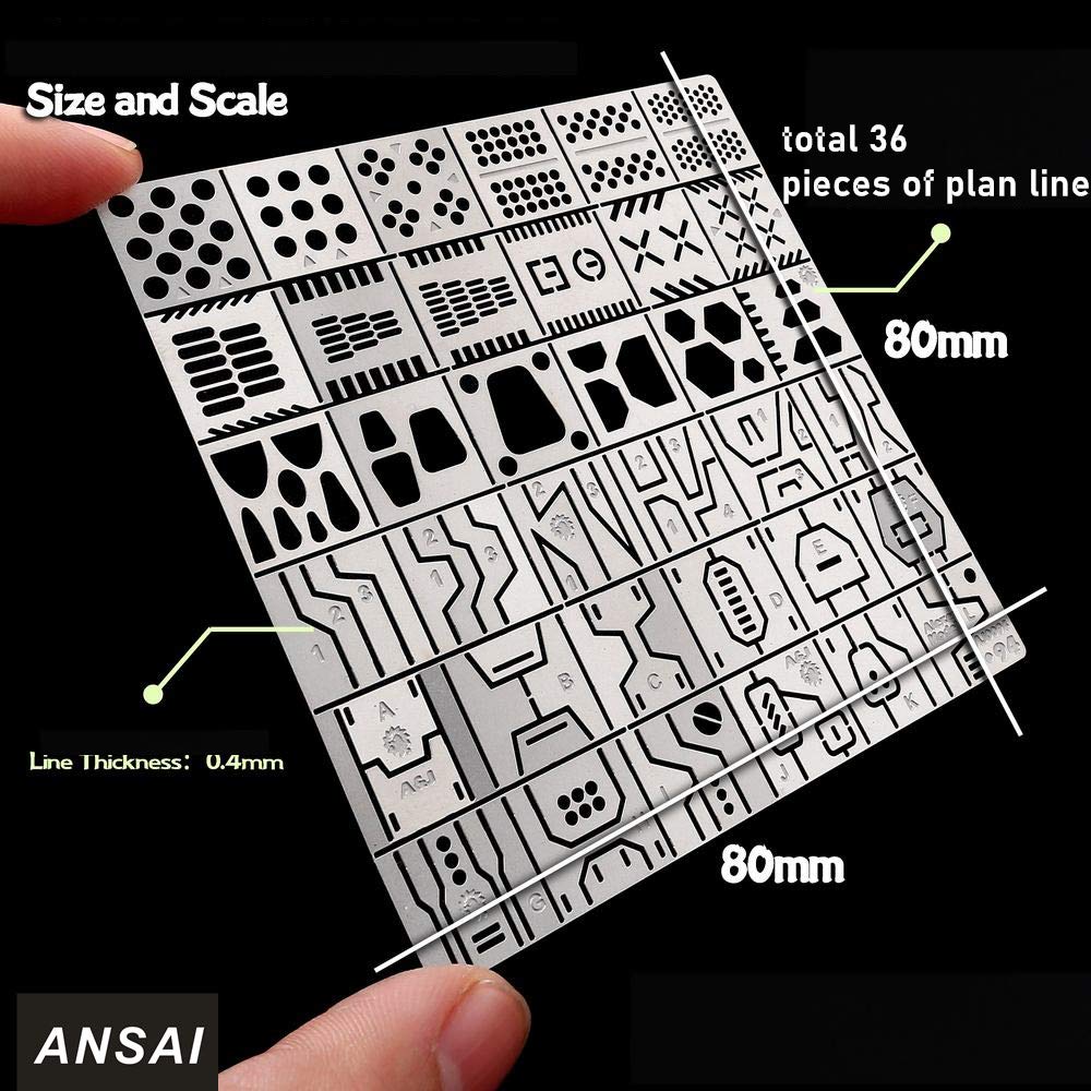 for Hobby Model Craft GK Tool Carving Auxiliary Ruler Stainless Steel Drill Hole Detail Maker Scribe line Stencil, 36 PCS in 1 (AJ0095)