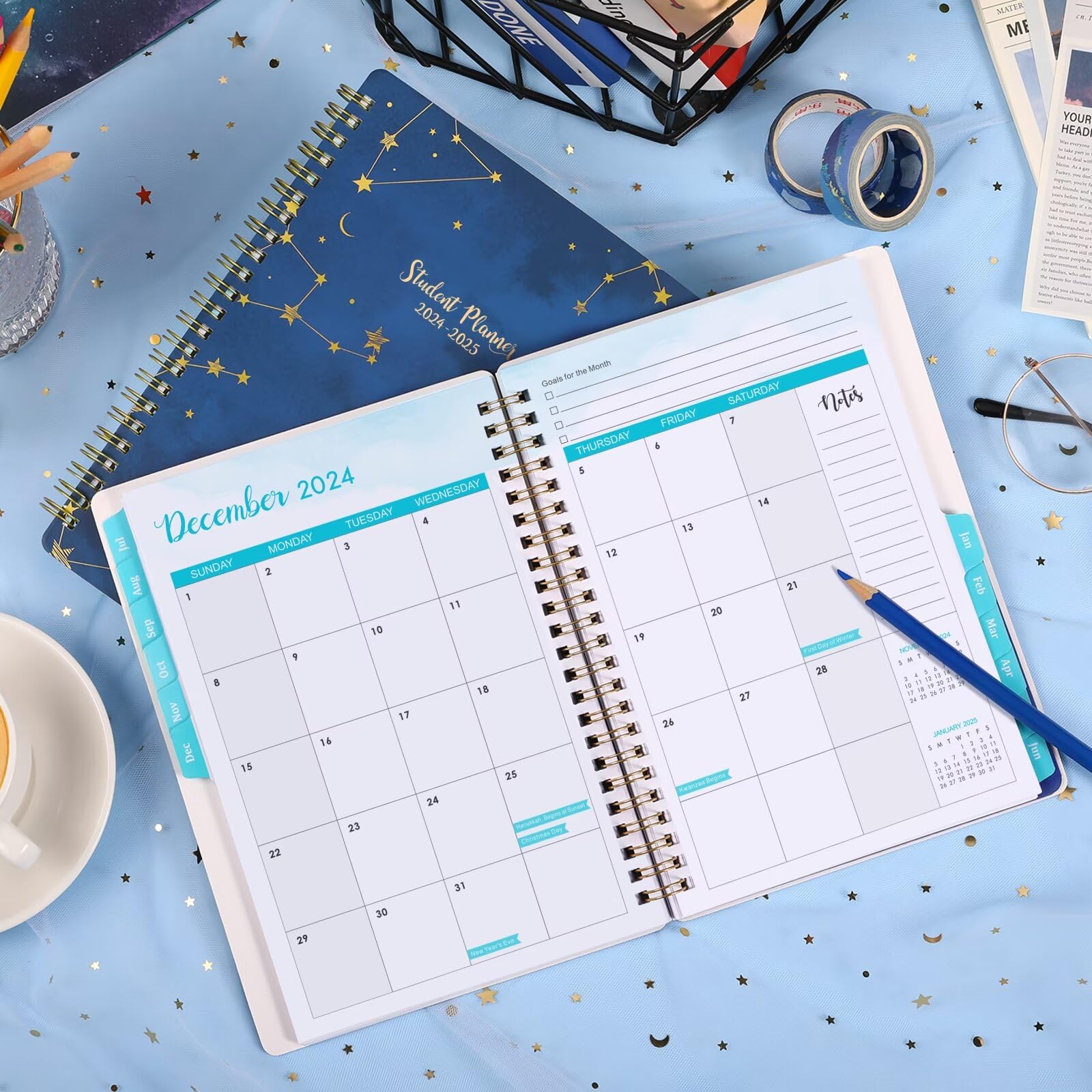 Student Planner 2024-2025 - School Planner, JUL 2024 - JUN 2025, 6.3" x 8.4", Monthly Weekly Planner/Agenda, Thick Paper + Holidays + 3-Hole Punched + Twin-Wire Binding, Stickers, Blue