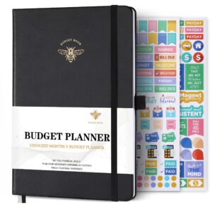 budget planner - monthly budget book and expense tracker notebook, faux leather hardcover financial organizer, 6.3" x 8.4" undated bill organizer with pocket + stickers + premium paper - black