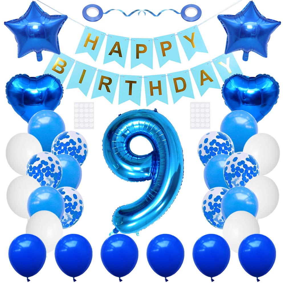 Huture 9 Birthday Party Supplies Blue Number 9 Foil Balloon Happy Birthday Banner Kit 9th Birthday Decoration White Blue Latex Confetti Balloon Foil Star Balloon Great Gift for Girls Boys Birthday