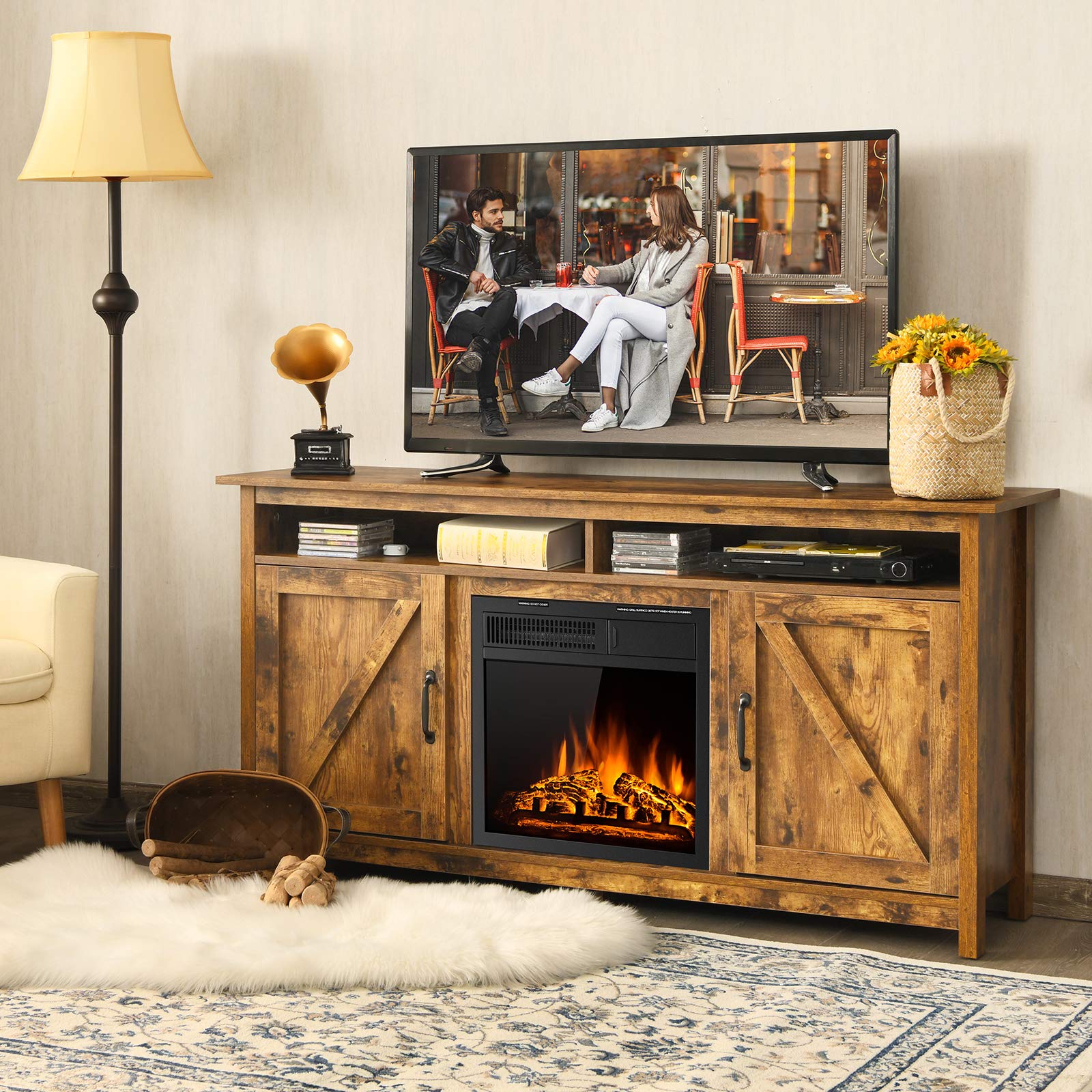 Tangkula Industrial Fireplace TV Stand for TVs Up to 65 Inches, Entertainment Center w/ 1500W Fireplace, Fireplace Media Console Table, Electric Heater w/Adjustable Brightness & Remote (Brown)