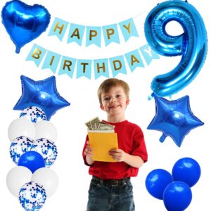 Huture 9 Birthday Party Supplies Blue Number 9 Foil Balloon Happy Birthday Banner Kit 9th Birthday Decoration White Blue Latex Confetti Balloon Foil Star Balloon Great Gift for Girls Boys Birthday