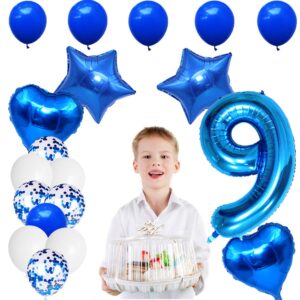 Huture 9 Birthday Party Supplies Blue Number 9 Foil Balloon Happy Birthday Banner Kit 9th Birthday Decoration White Blue Latex Confetti Balloon Foil Star Balloon Great Gift for Girls Boys Birthday