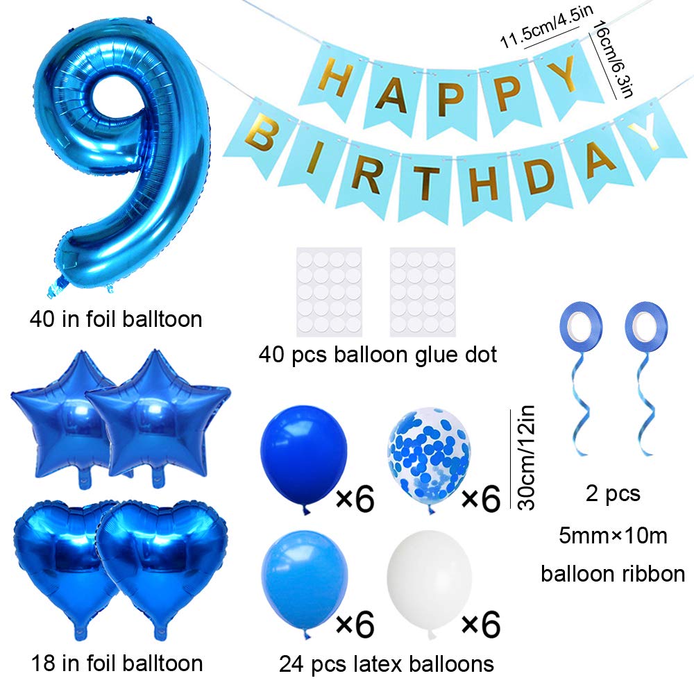 Huture 9 Birthday Party Supplies Blue Number 9 Foil Balloon Happy Birthday Banner Kit 9th Birthday Decoration White Blue Latex Confetti Balloon Foil Star Balloon Great Gift for Girls Boys Birthday