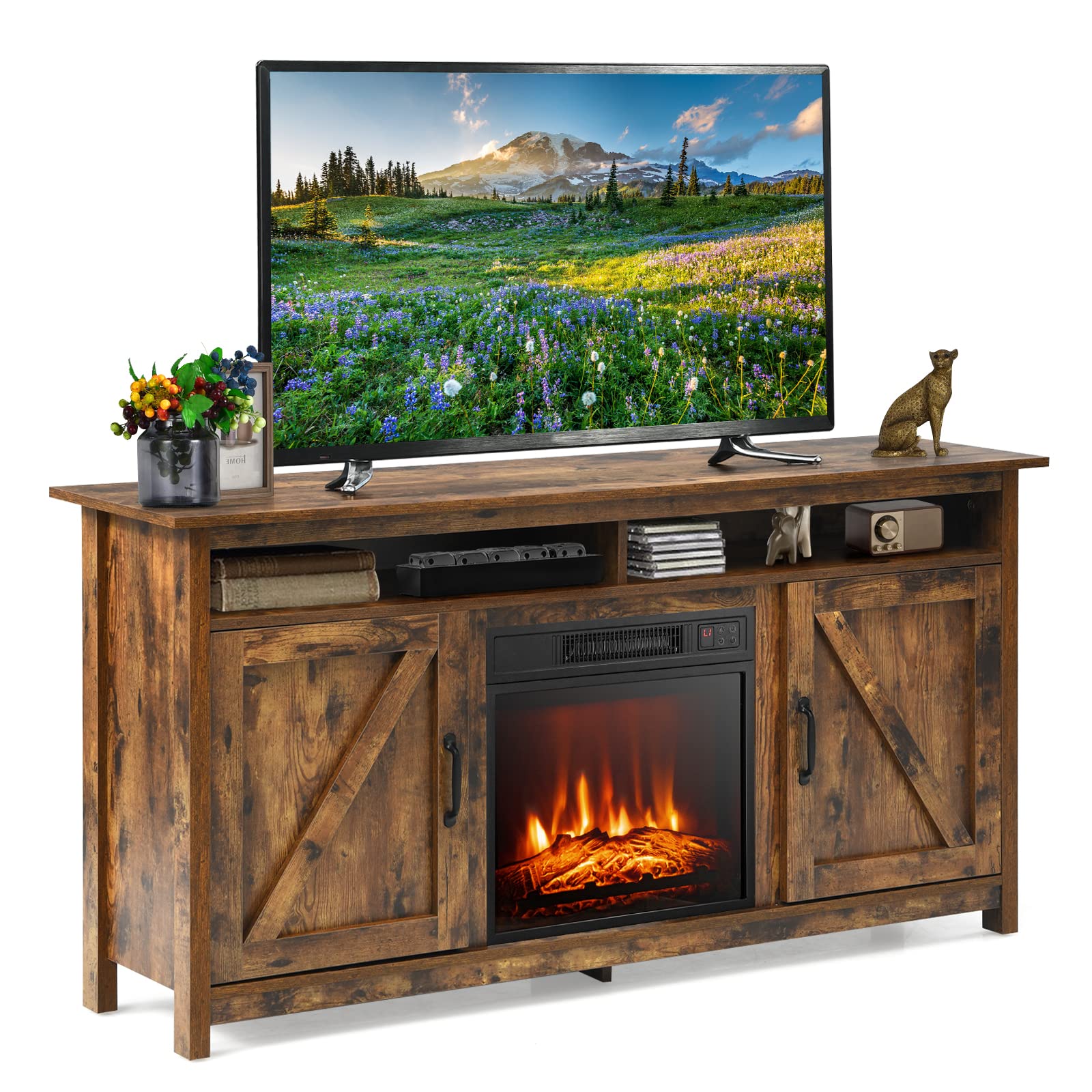 Tangkula TV Stand with 18 Inches Fireplace Insert, 58 Inches Fireplace TV Stand for TVs up to 65 Inches, 5,000 BTU Electric Fireplace with 3-Level Adjustable Flame, Remote Control and Timer (Brown)