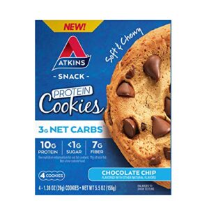 atkins chocolate chip protein cookie, protein dessert, rich in fiber, 3g net carb, 1g sugar, keto friendly, 4 count