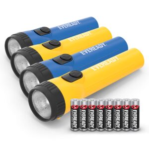 eveready led flashlights (4-pack), bright flashlights for emergencies and camping gear, flash light with aa batteries included, blue/yellow (4-pack)