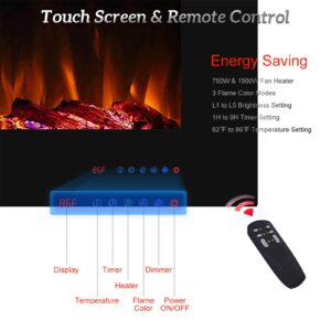 Valuxhome Electric Fireplace, 60 Inches in-Wall Recessed Fireplace Heater with Overheating Protection, Remote Control with Timer, Touch Screen, Logset & Crystal, 750/1500W, Black, 60" l21 h