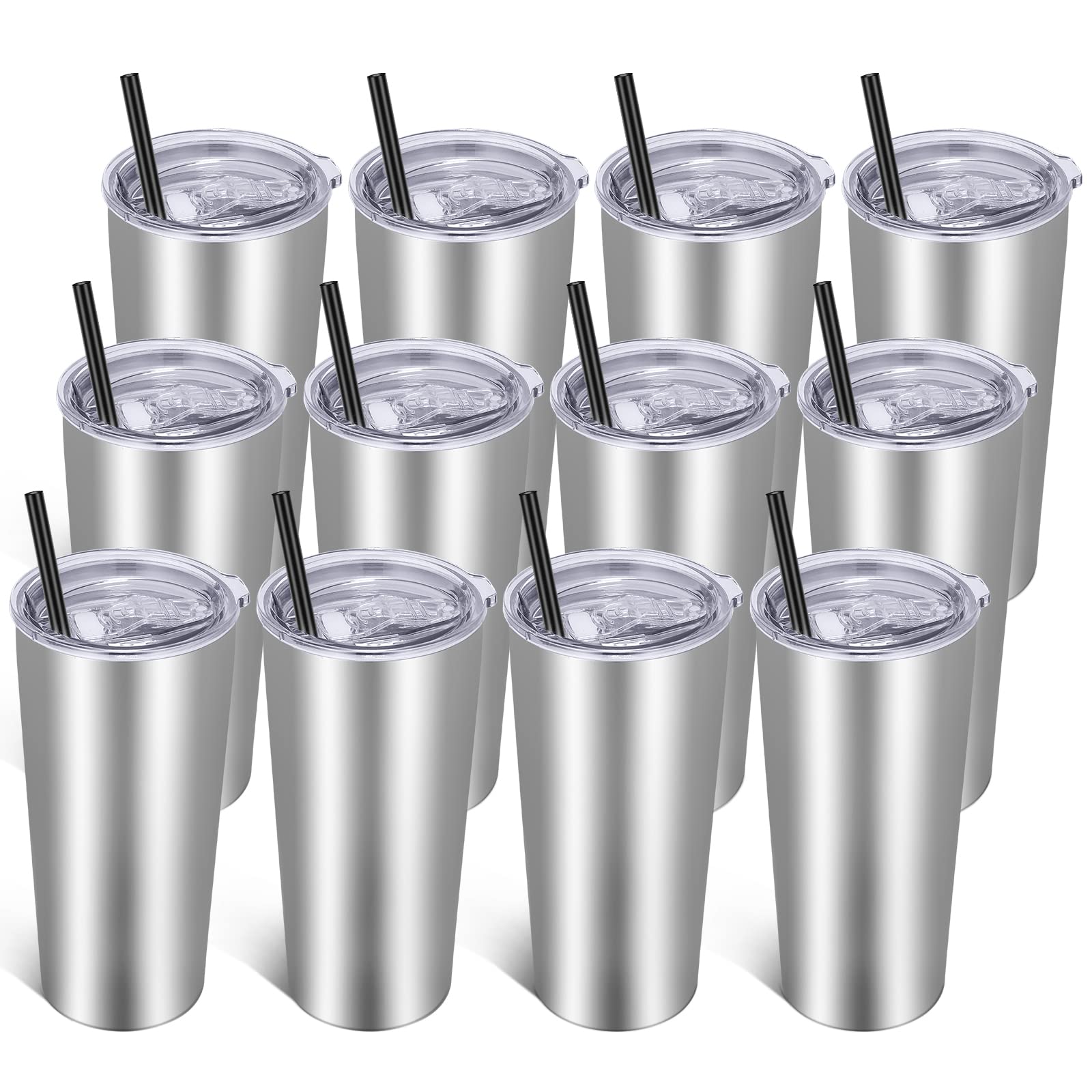 VEGOND 20oz Tumbler Bulk with Lid and Straw 12 Pack, Stainless Steel Vacuum Insulated Tumbler, Double Wall Coffee Cup Travel Mug, Stainless Steel